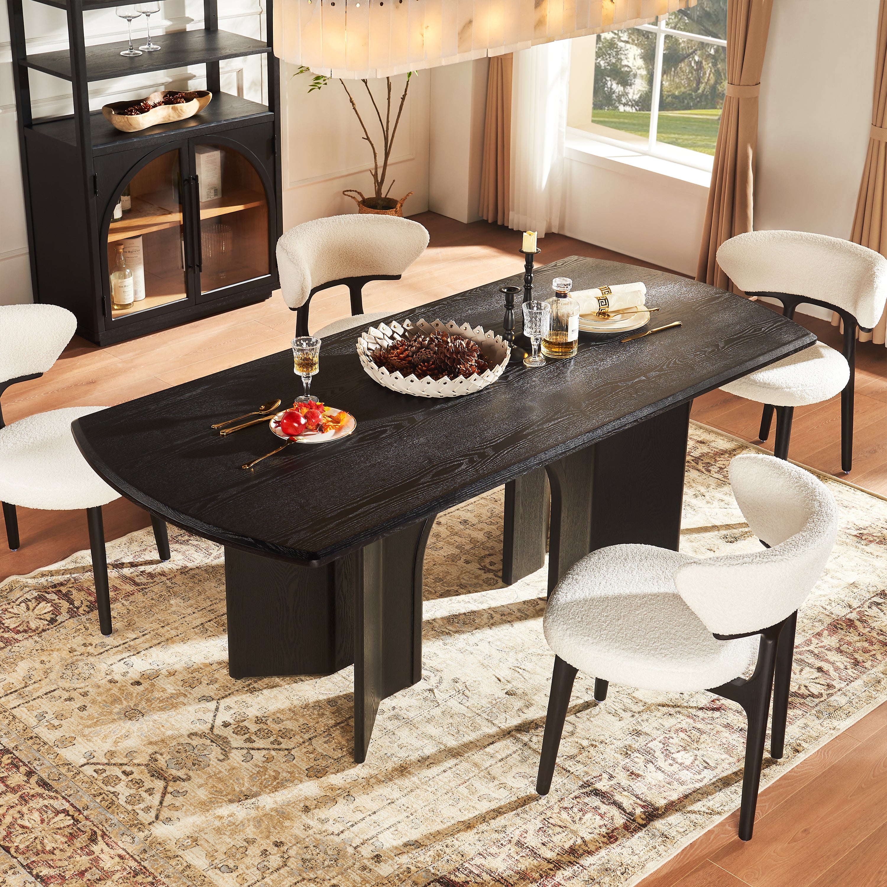Oren 84" Black Wood Dining Table with Arched Trestle Base for 6-8 ...